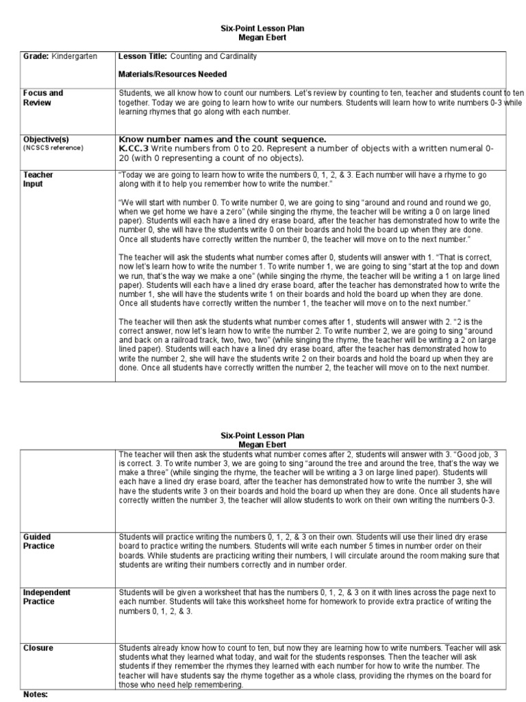 Megan Ebert Six Point Lesson Plan Kindergarten Numbers-Eled 3111 | PDF ...