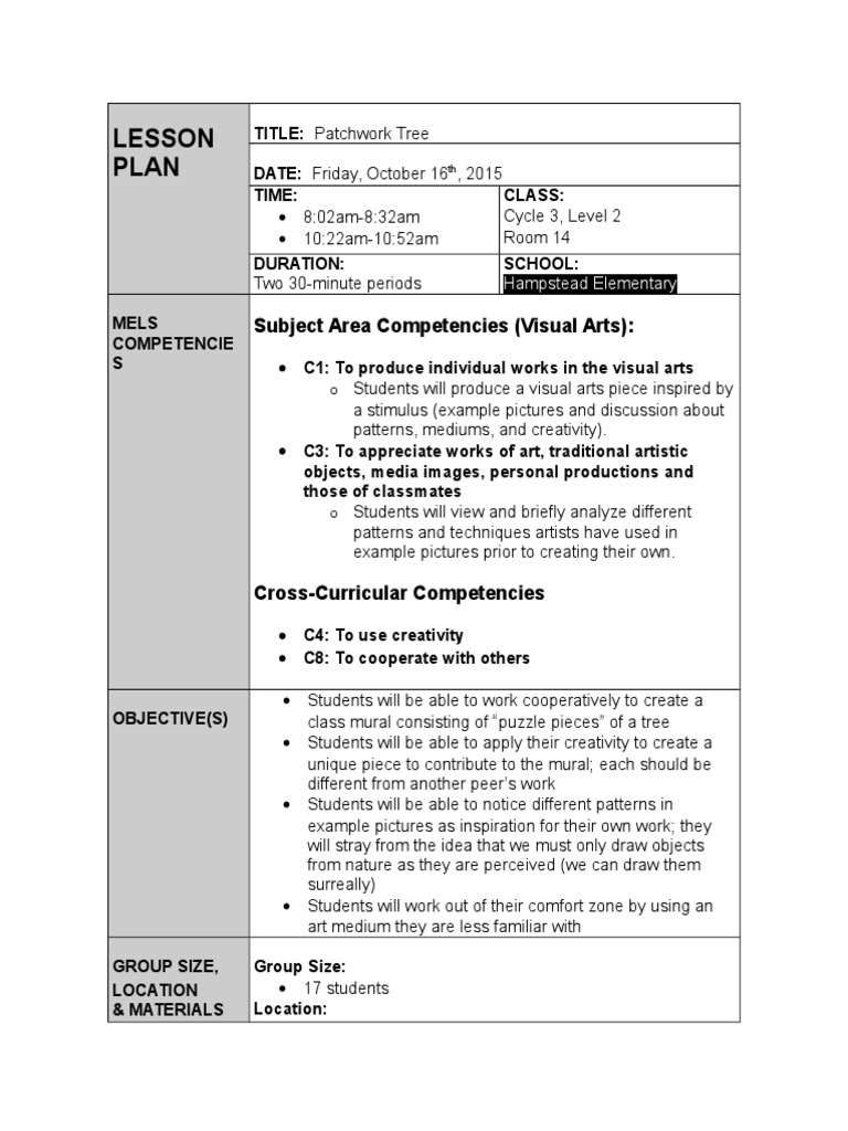 Lesson Plan: Subject Area Competencies (Visual Arts) | PDF | Patchwork