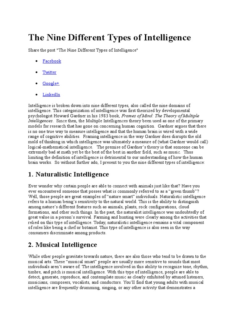 The Nine Different Types of Intelligence | PDF | Intelligence ...
