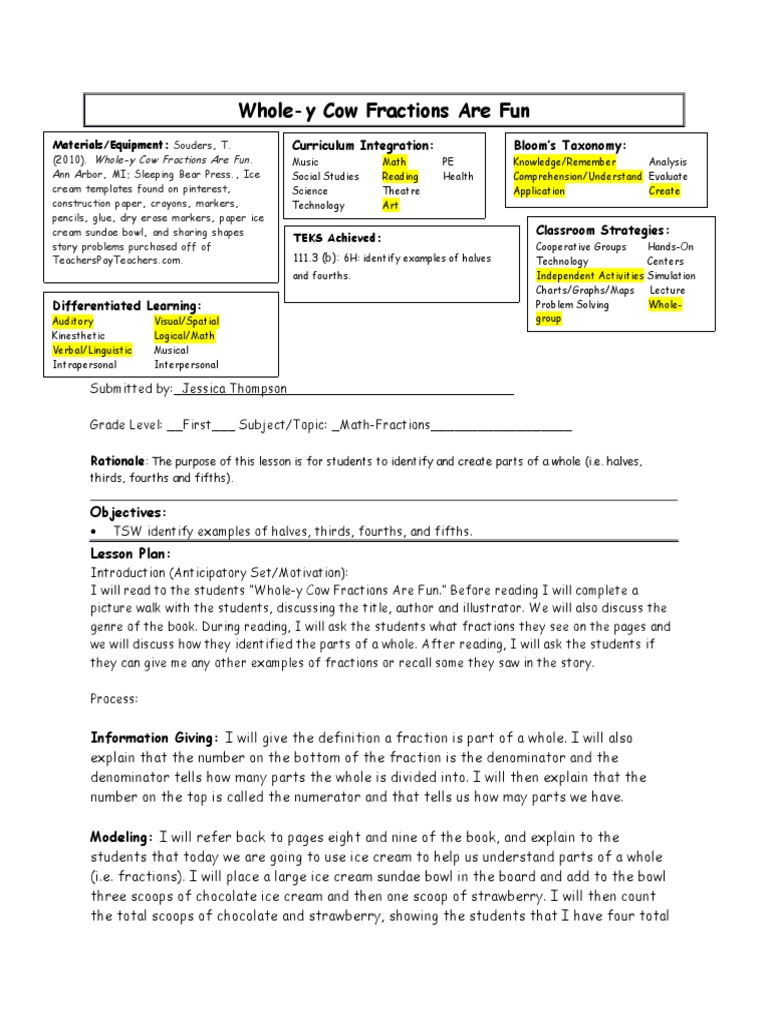 Whole-Y Cow Fractions Are Fun - First Grade Lesson | PDF | Fraction ...