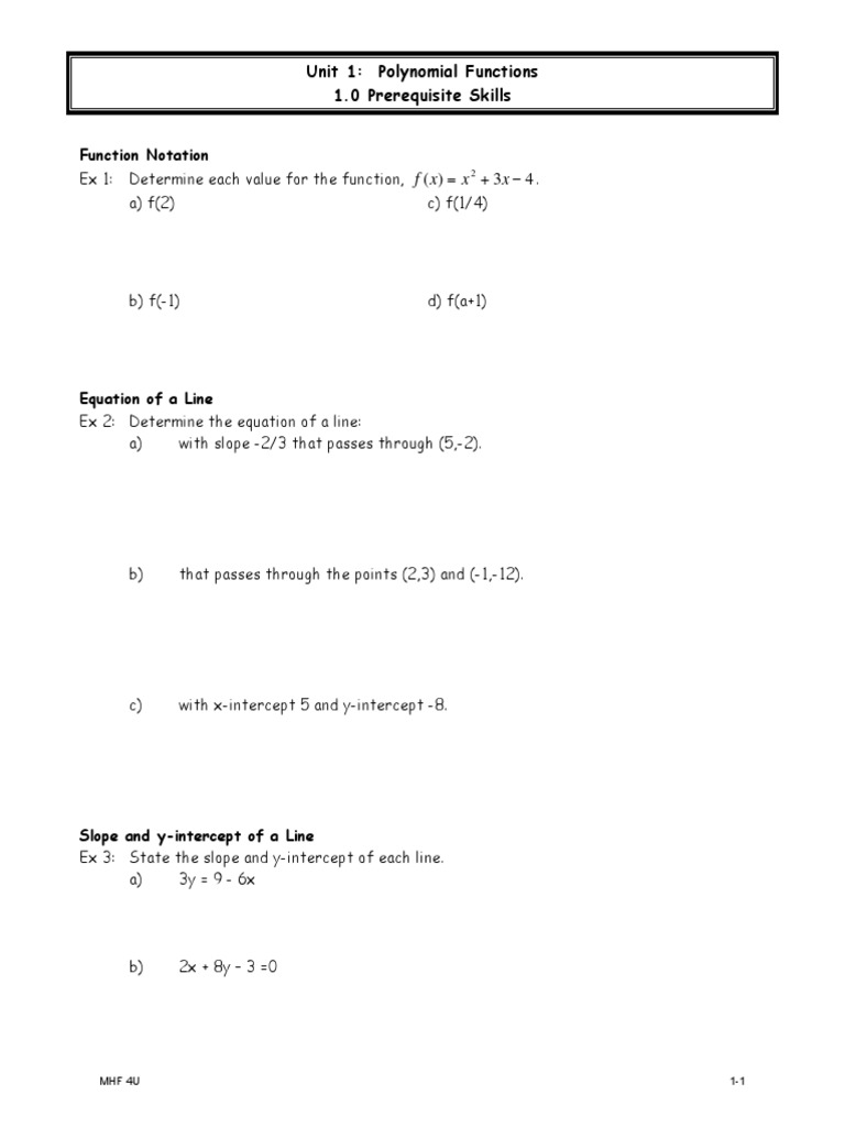 Mhf4u Chapter 1 Notes Unlocked Pdf Polynomial Derivative