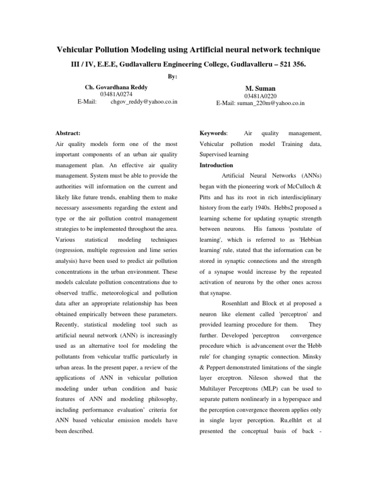 Vehicular Pollution Modeling Using Artificial Neural Network Technique Pdf Artificial Neural