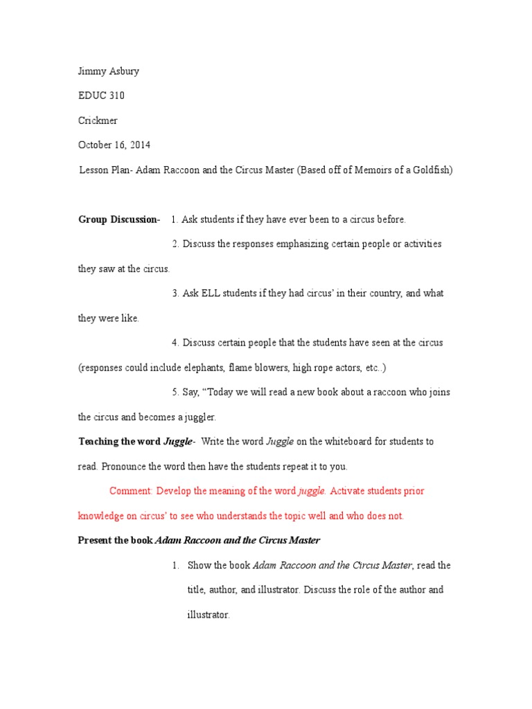 Lesson Plan - Adam The Racoon and The Circus Master | PDF | Lesson Plan ...