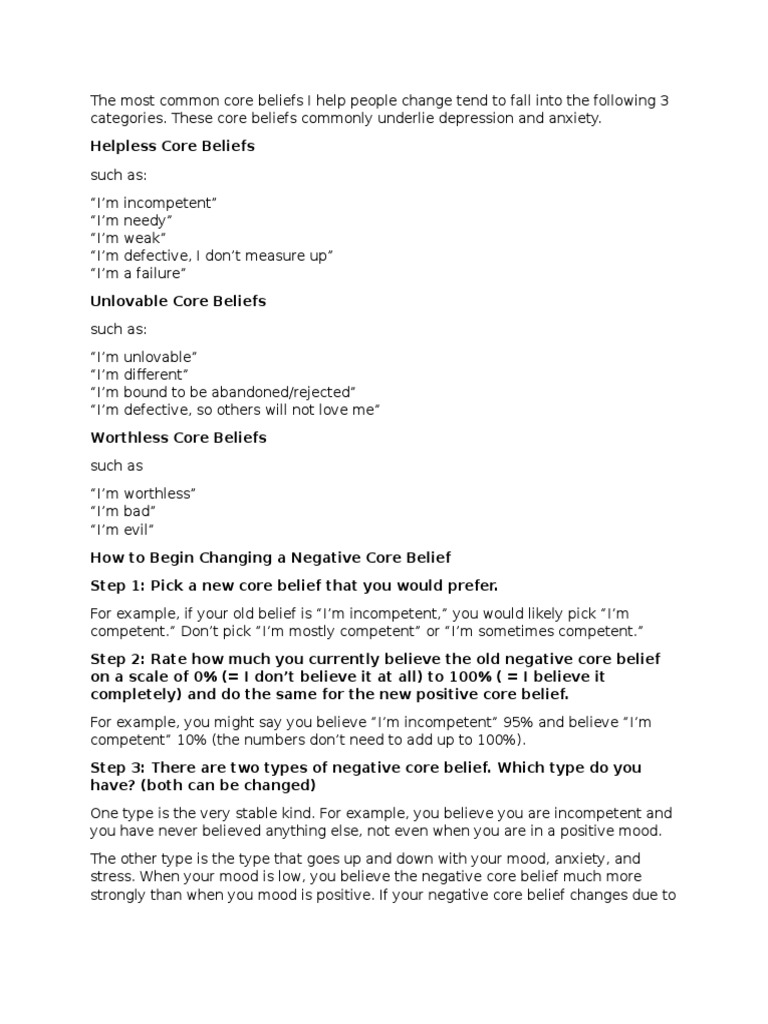 Core Beliefs | PDF | Mood (Psychology) | Mental Health