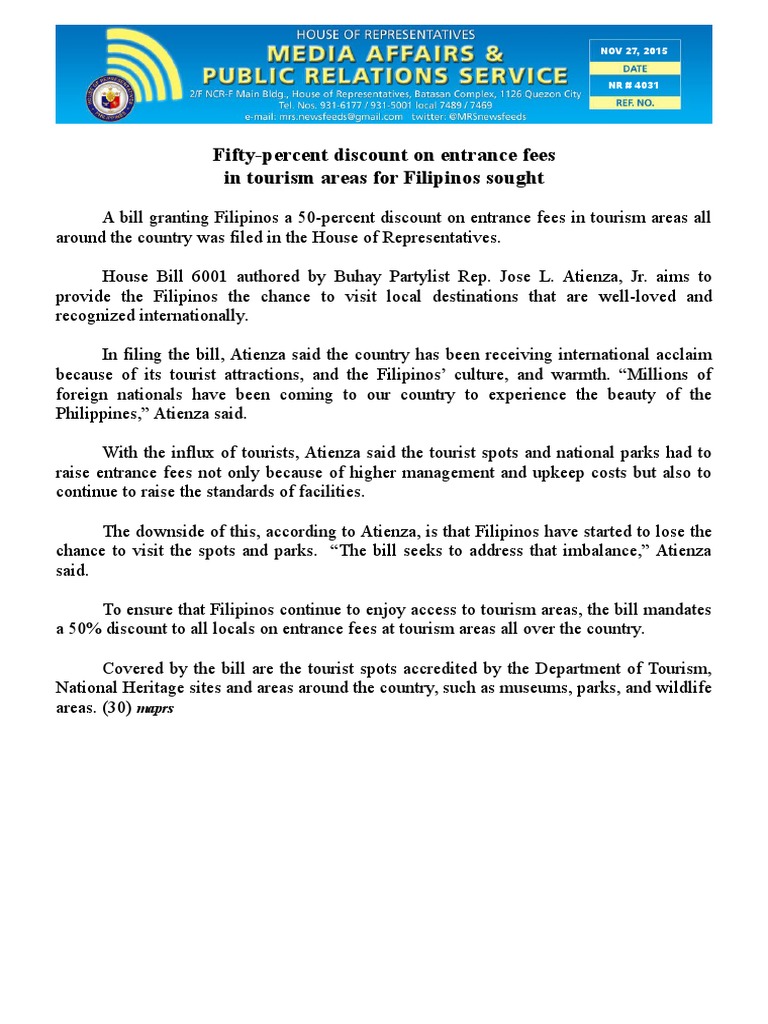 Nov27.2015fifty-Percent Discount On Entrance Fees in Tourism Areas For ...