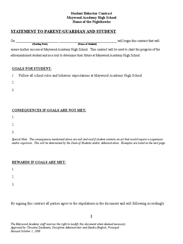 Student Behavior Contract (Sample) | PDF | Justice | Crime & Violence