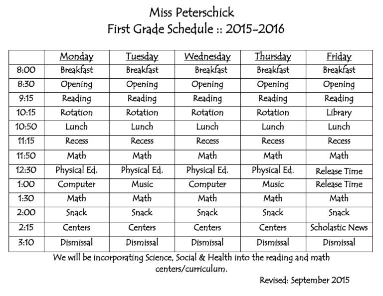 First Grade Schedule 2015-2016 | PDF | Self-Improvement