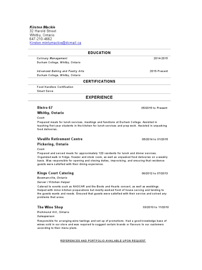 Kirsten Resume | PDF | Cooking, Food & Wine