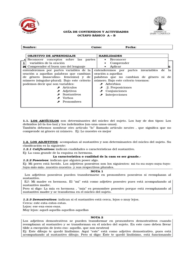 Partes de la Oración en Octavo Básico | PDF | Adjetivo | Género gramatical