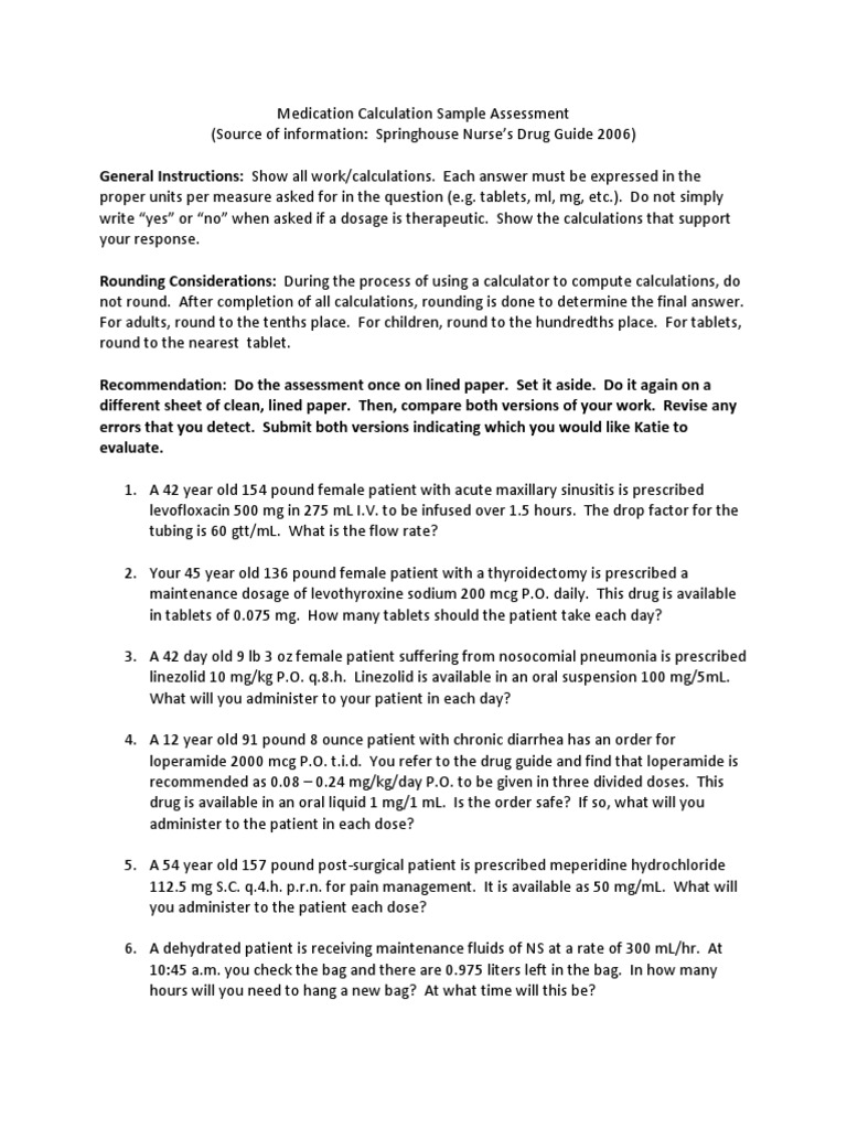 Medication Calculation Assessment Guide | PDF | Drugs | Medical Specialties