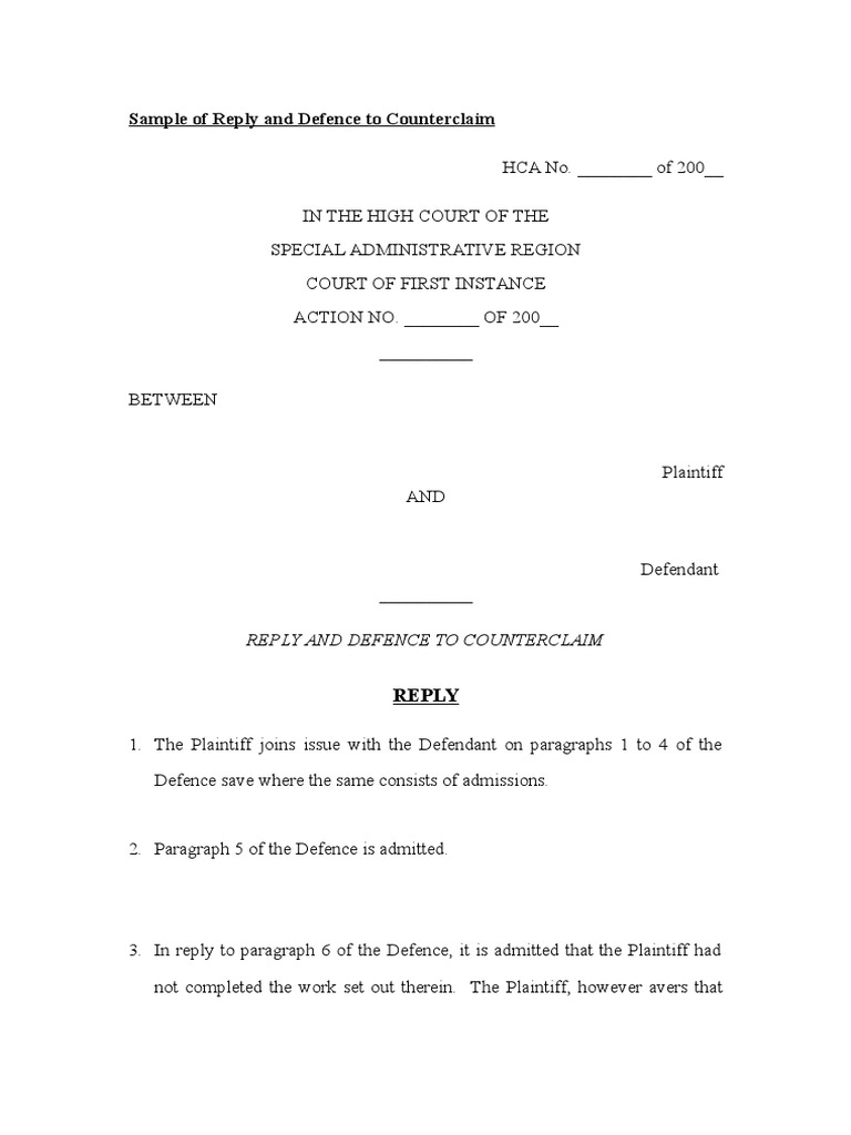 Sample Reply and Defence to Counterclaim | PDF | Law