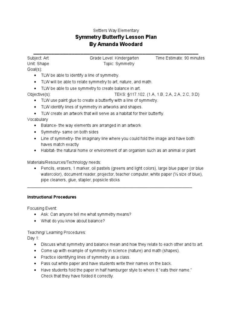 Symmetry Lesson Plan - K 1 | PDF | Lesson Plan | Special Education