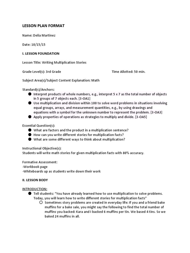 Multiplication Story Writing Lesson Plan | PDF | Multiplication ...