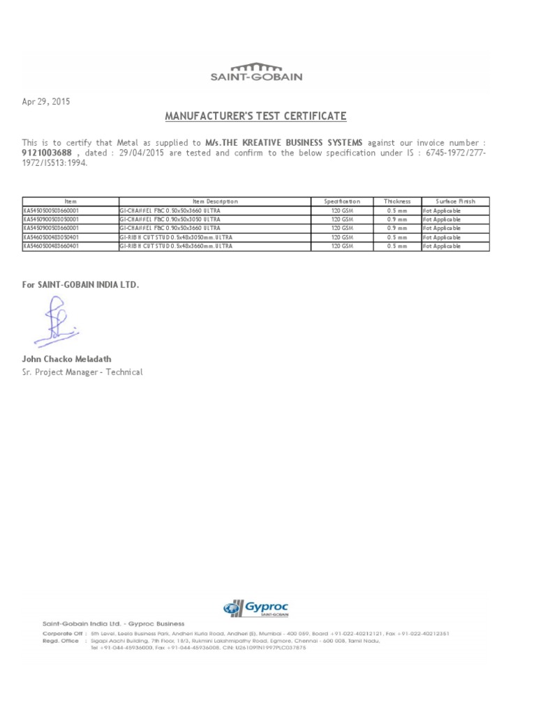 Saint-Gobain GI Channel Test Certificate | PDF | Economic Sectors