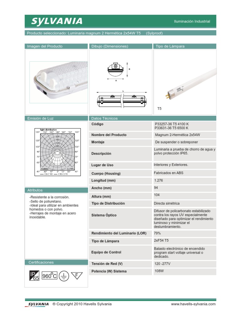 Ficha Tecnica Lampara Hermetica Sylvania | PDF