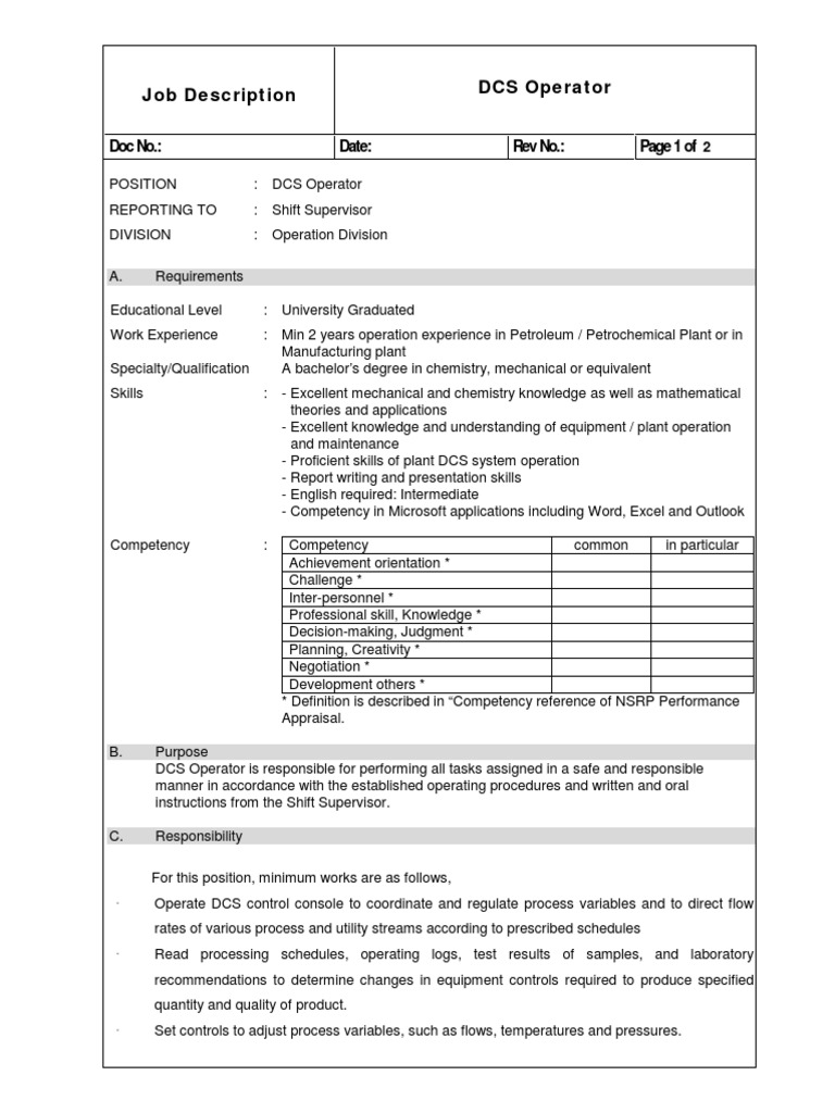 Job Description DCS Operator: Doc No.: Date: Rev No.: Page 1 of | PDF ...