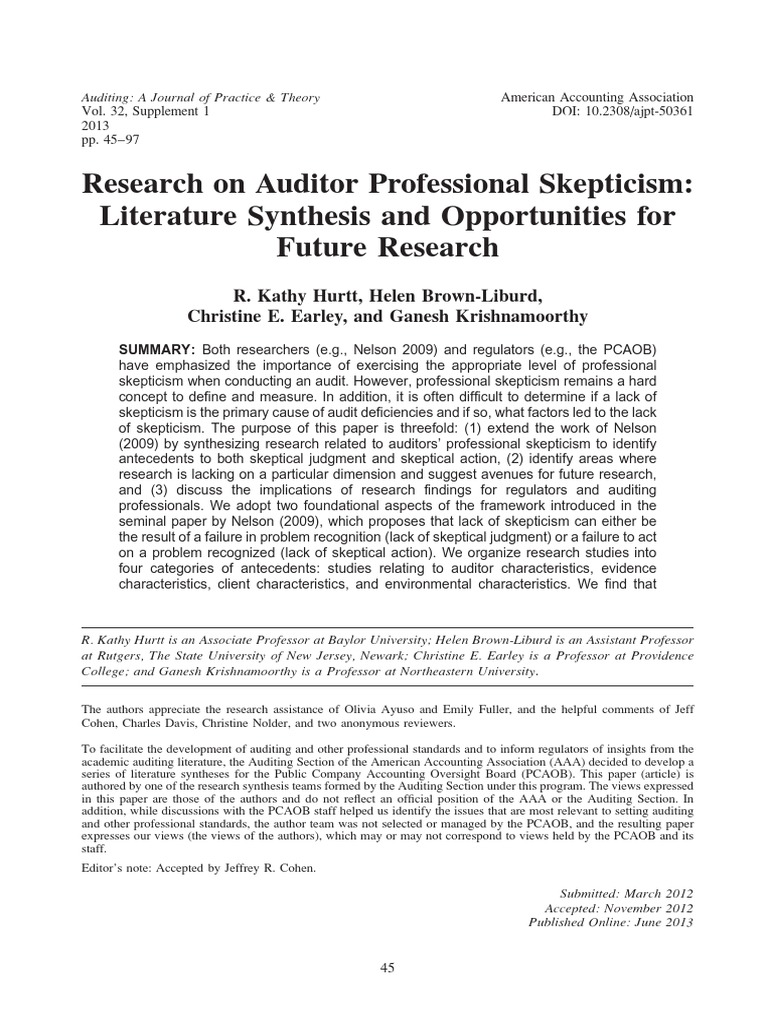 Research on Auditor Professional Skepticism_Hurtt 2013 | Audit | Motivation