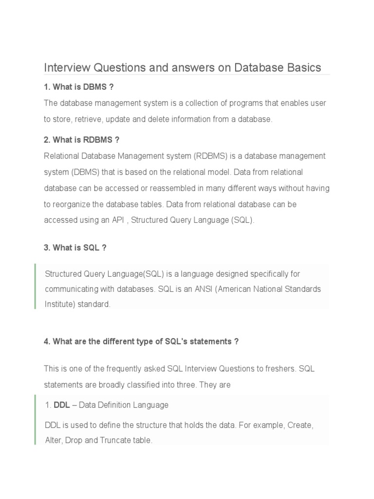 Interview Questions and Answers On Database Basics | PDF | Sql | Databases