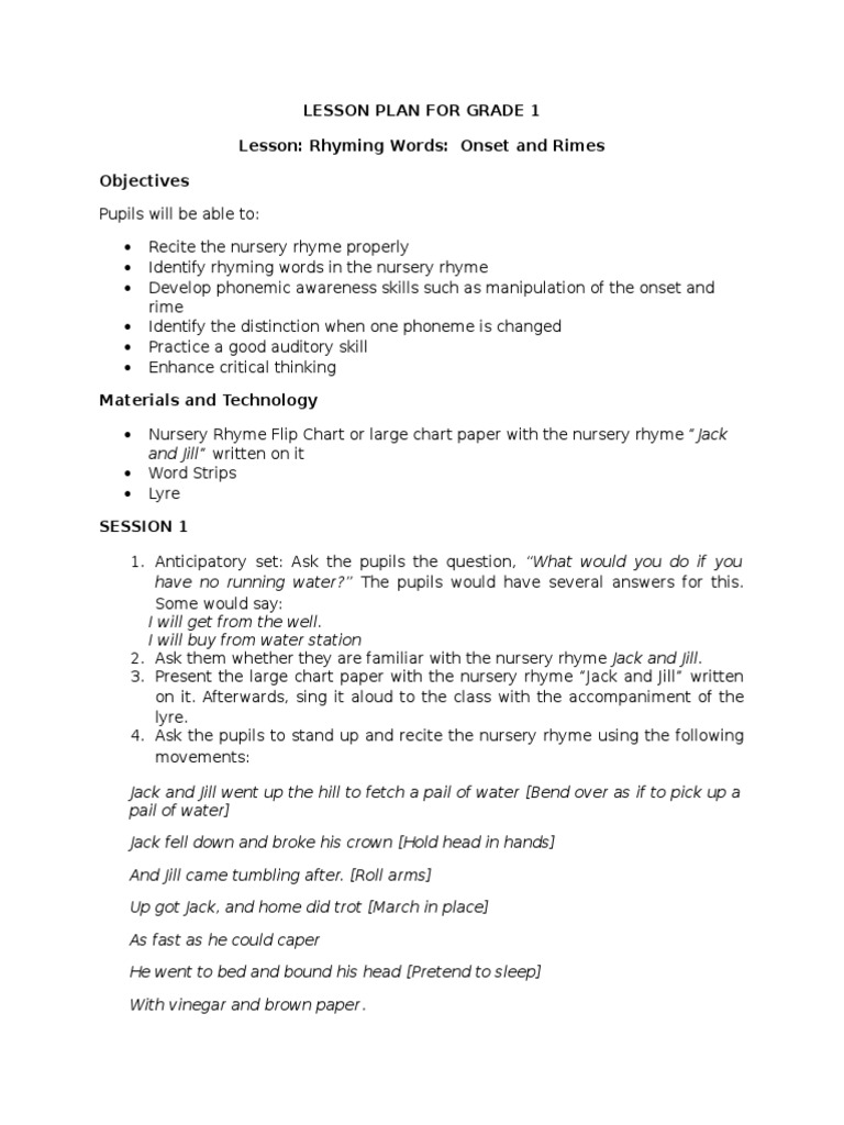 Lesson Plan For Grade 1 Lesson: Rhyming Words: Onset and Rimes ...