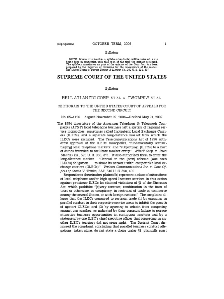Bell Atl V Twombly (2007) | Download Free PDF | Bell Atlantic Corp. V ...