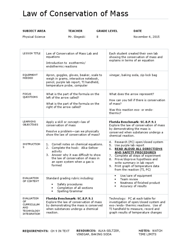 Conservation of Mass Lab Activity | PDF