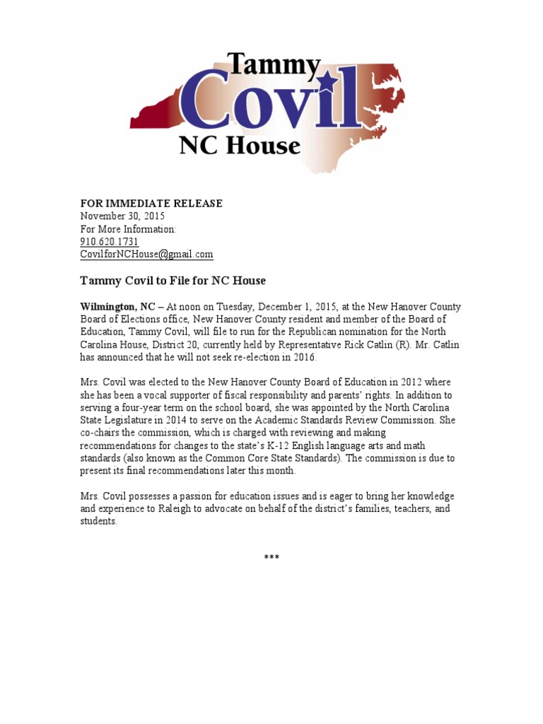 Covil Filing Press Release | PDF | Politics