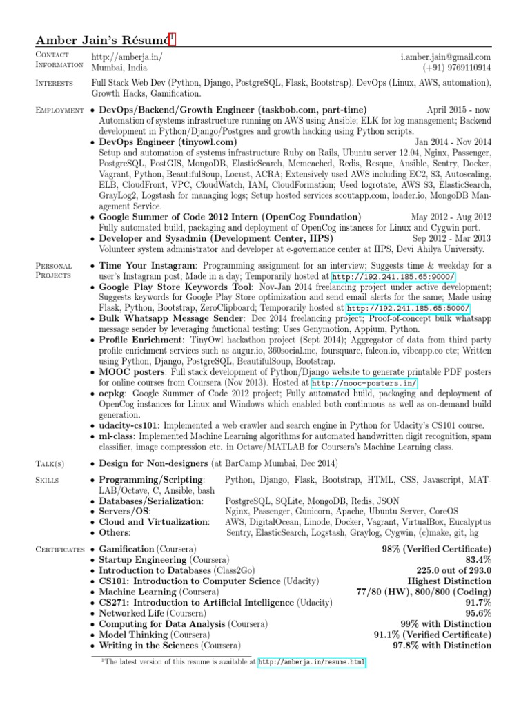 Amber Jain Resume | PDF | Python (Programming Language) | Postgre Sql