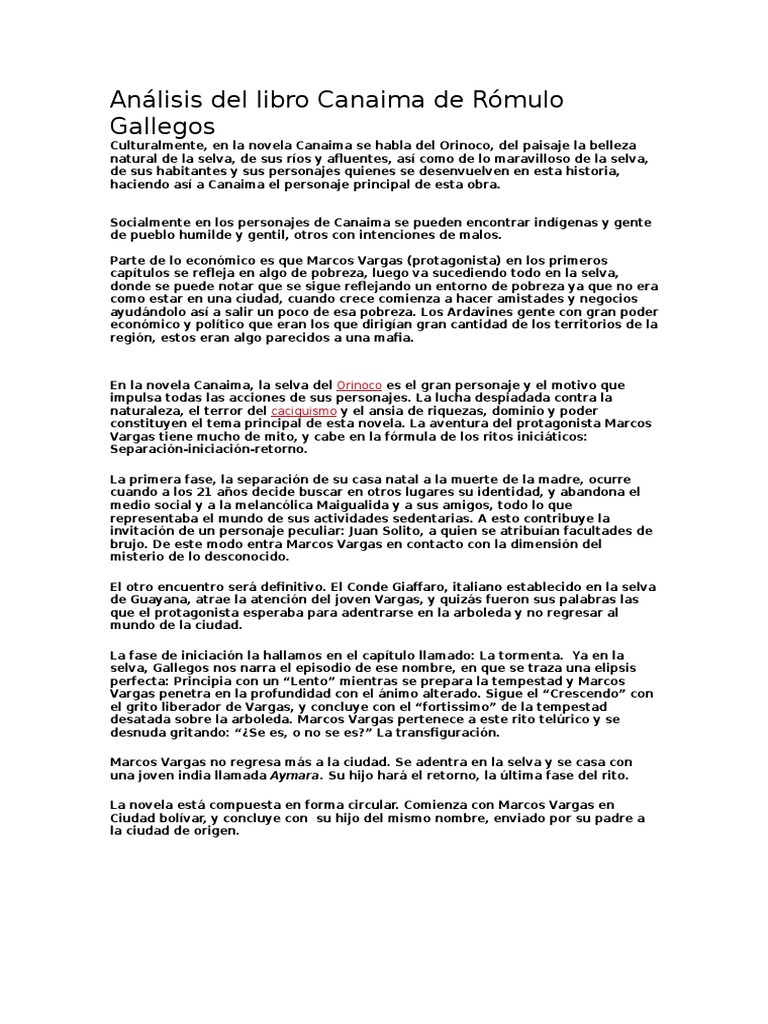 Análisis Del Libro Canaima de Rómulo Gallegos. | PDF
