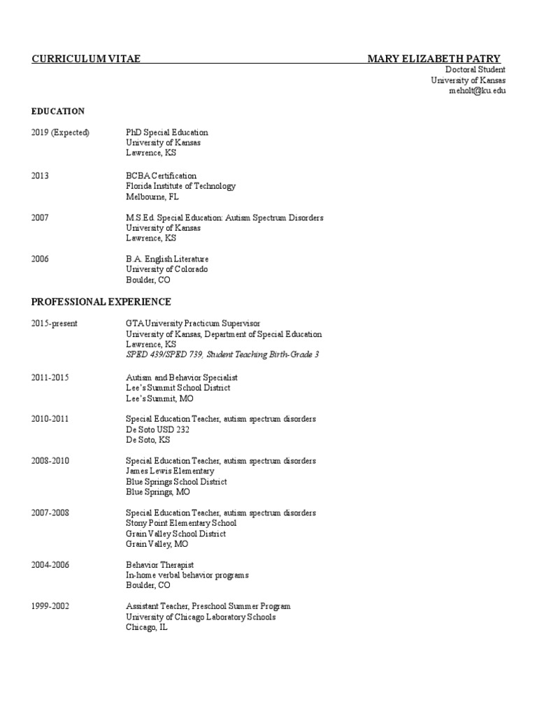 Mary Elizabeth Patry CV: Special Ed Expertise | PDF