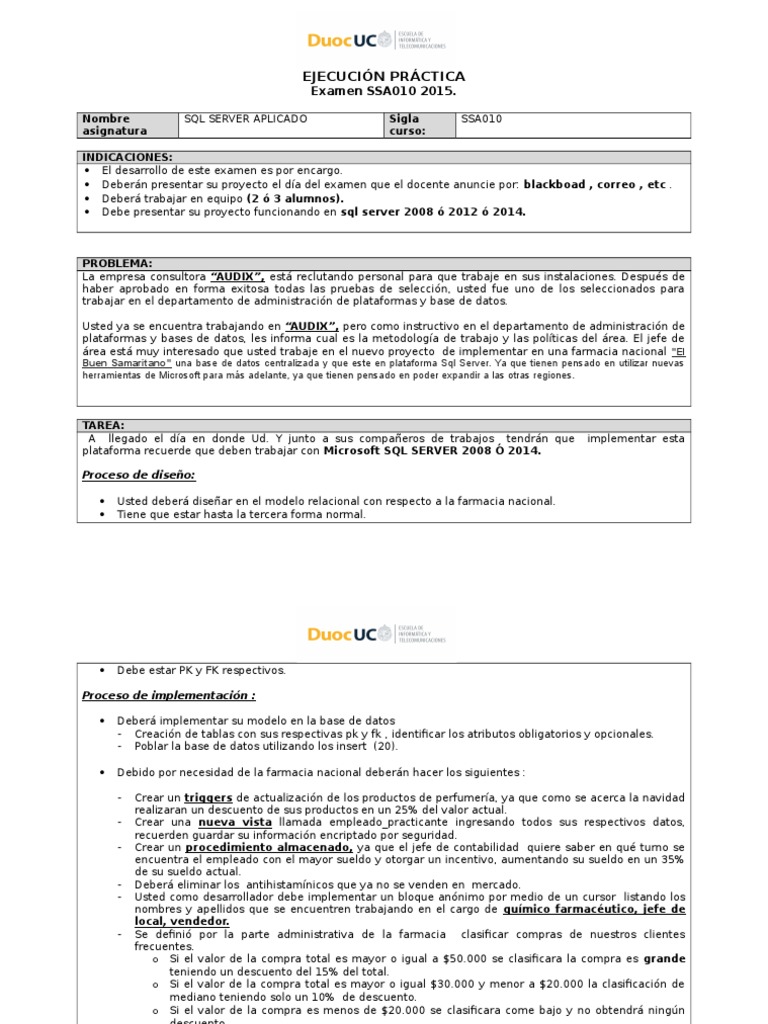 Examen SQL Server | PDF | Servidor SQL de Microsoft | Bases de datos