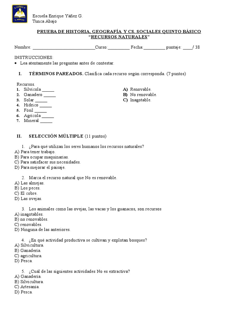Prueba de Recursos Naturales 5° Básico | PDF | Chile | Agua