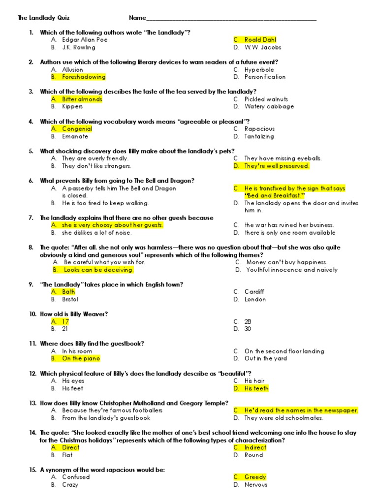 The Landlady Quiz and Answers | PDF