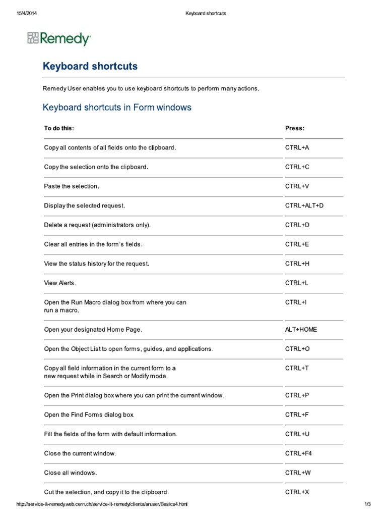 Remedy Keyboard Shortcuts | PDF