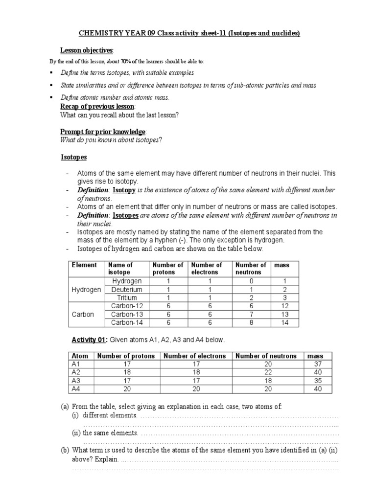Activity Sheet-11 (Isotopes) | PDF | Isotope | Atoms