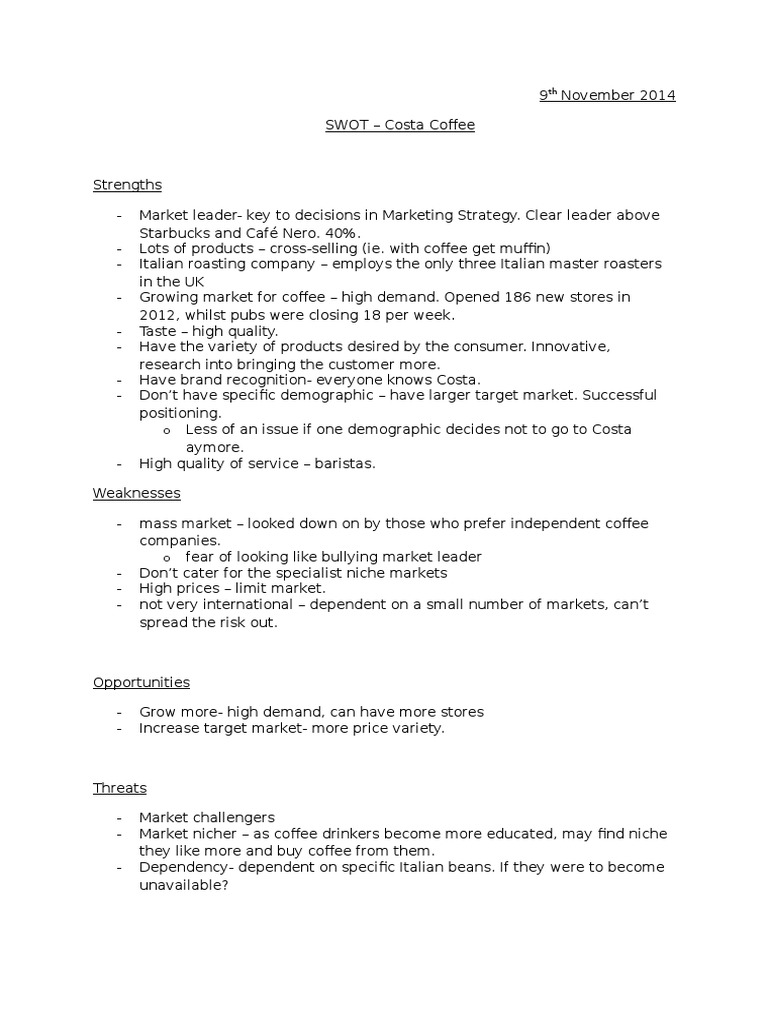 Costa Coffee SWOT Analysis | PDF | Coffee | Business Economics