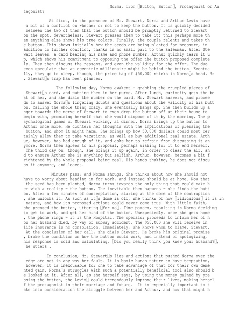 Why Norma From The Short Story "Button, Button" Is A Protagonist. | PDF