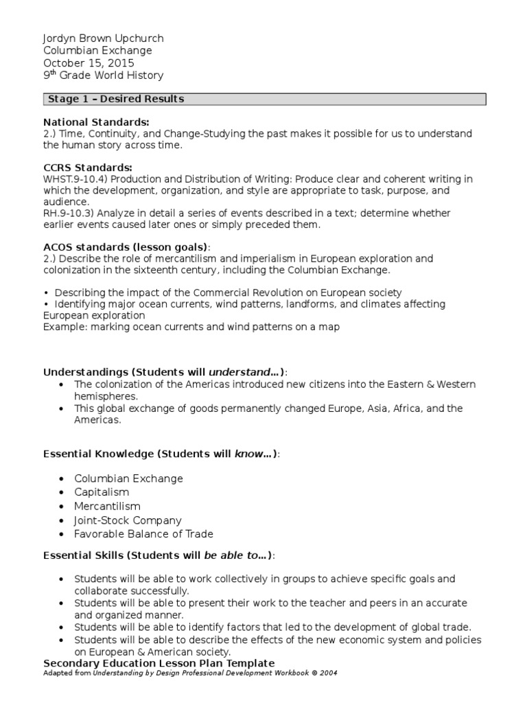 Columbian Exchange Lesson Plan | PDF | Educational Assessment | Lesson Plan