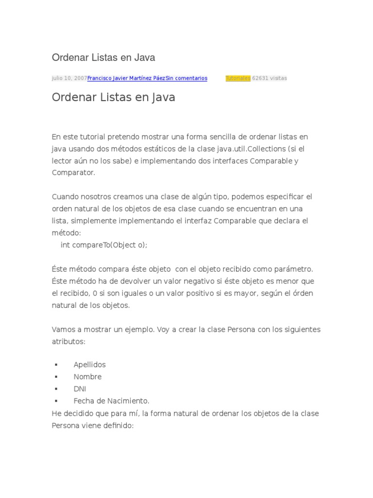 Ordenar Listas en Java: Tutorial | PDF | Desarrollo de software ...