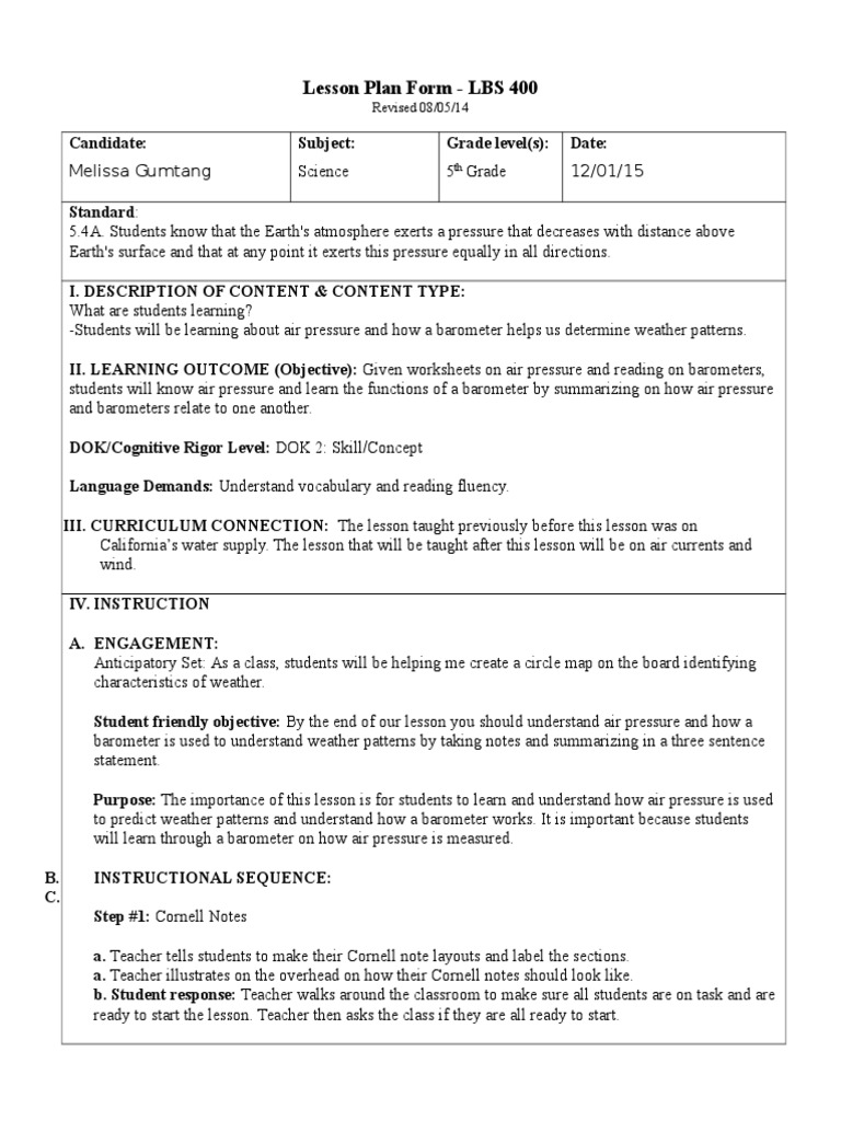 5th Grade Science Lesson on Air Pressure | PDF | Atmospheric Pressure ...