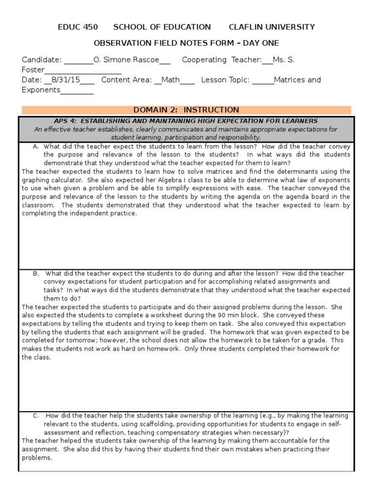 Observation Field Notes Form | PDF | Homework | Teachers