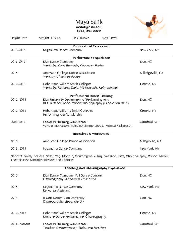 Maya Sank: Dance Resume & Experience | PDF | Language Arts & Discipline