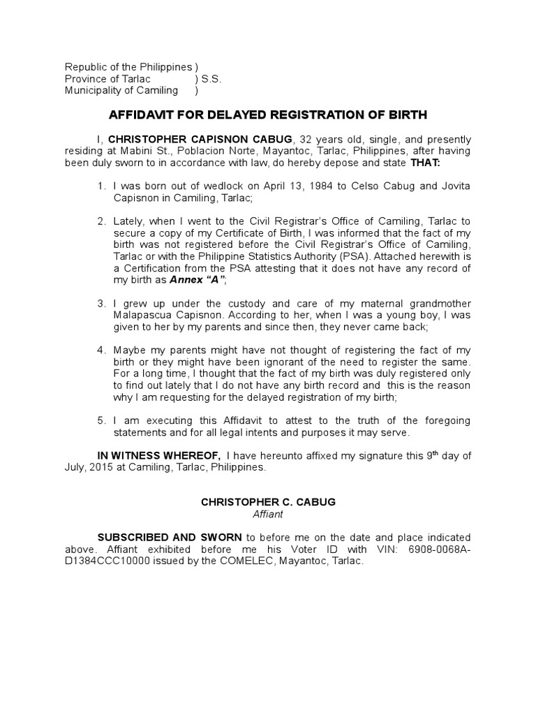 Affidavit For Delayed Registration of Birth - Cabug | PDF