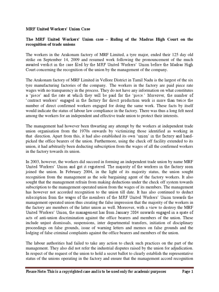 Madras High Court Ruling on MRF Union | PDF | Trade Union | Collective ...