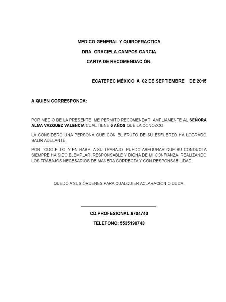 Carta De Recomendacion Para Trabajo Medico