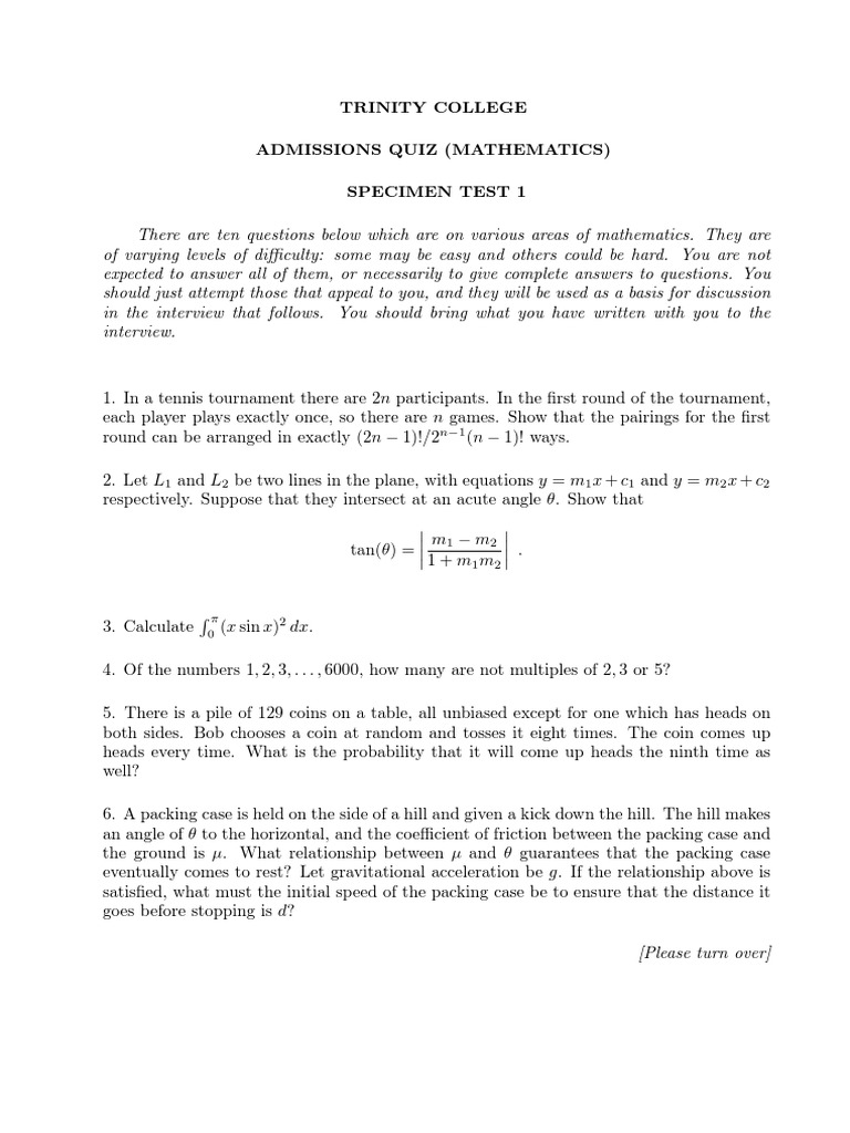 Trinity College Cambridge Maths Interview Test | PDF | Logarithm | Physics