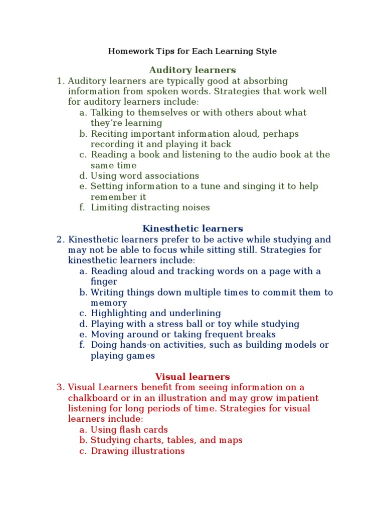 Homework Strategies by Learning Style | PDF