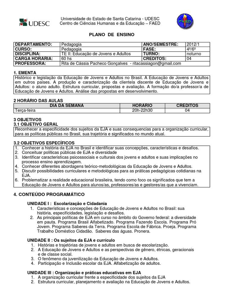 Eja Plano de Ensino | Unesco | Pedagogia