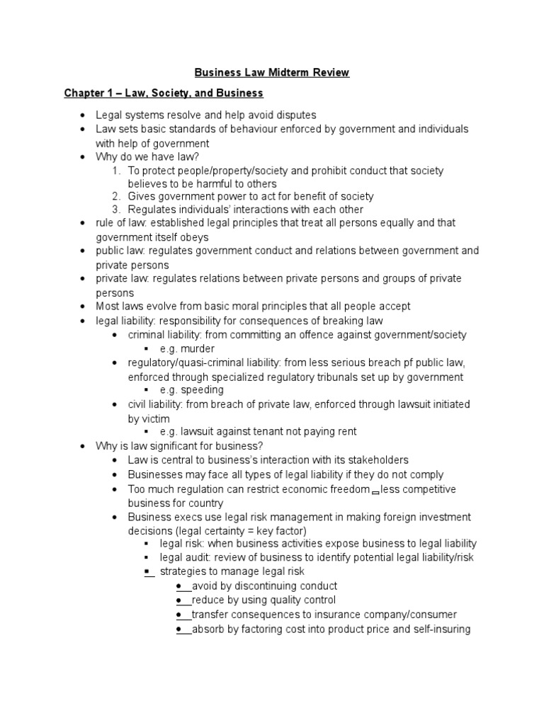Business Law Study Guide | PDF | Offer And Acceptance | Tort