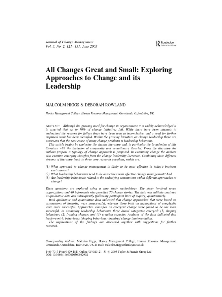 CHANGE MANAGEMENT. Higgs & Rowland (2005) Exploring Approaches To ...