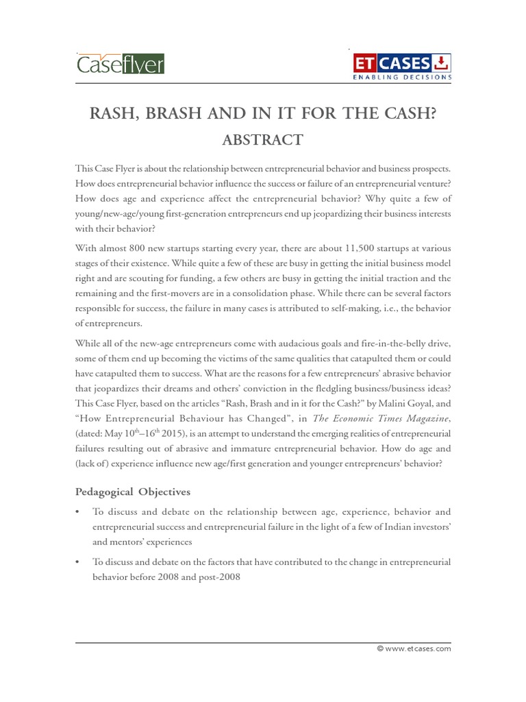 Rash, Brash and It For The Cash? | Download Free PDF | Startup Company ...